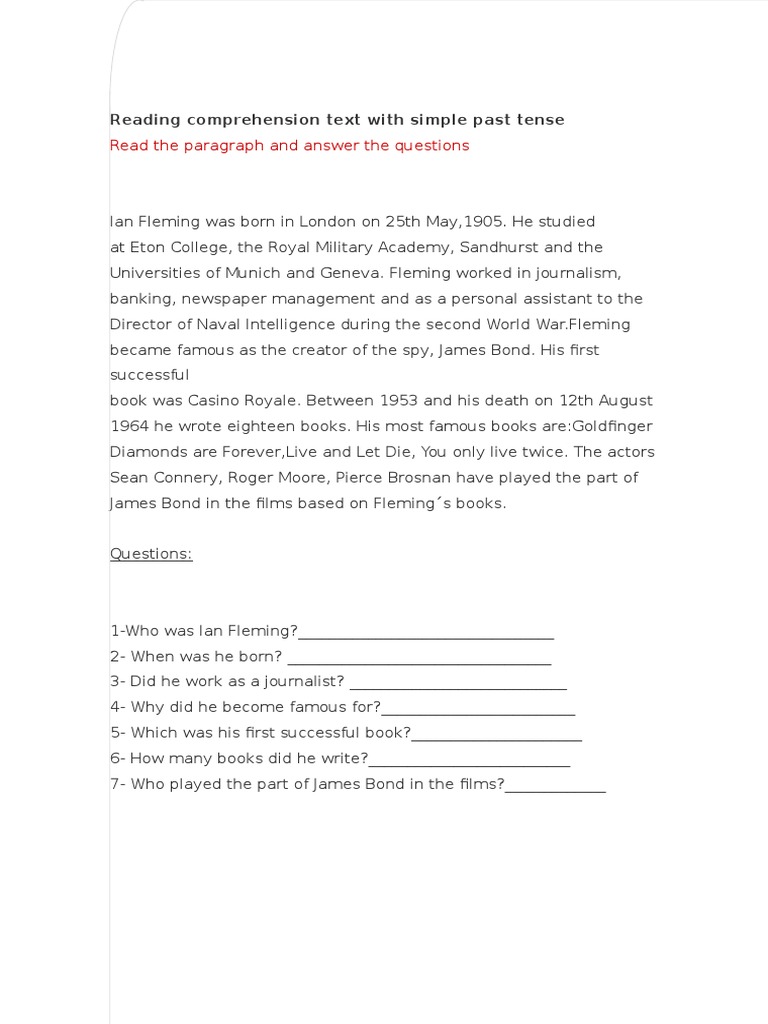 Read The Paragraph and Answer The Questions: Reading Comprehension Text ...