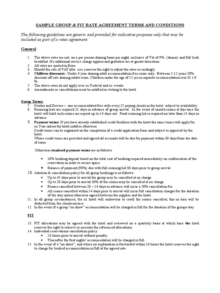 Sample Group FIT Rate Agreement T Cs | PDF | Value Added Tax | Hotel