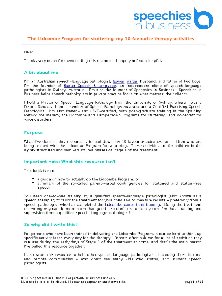 10 Activity Ideas For The Lidcombe Program For Stuttering Version 2 ...