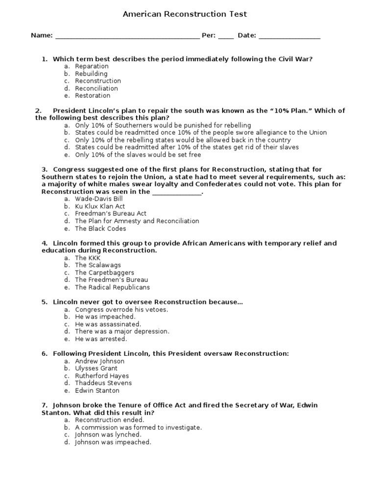 Reconstruction Test | Reconstruction Era | Southern United States
