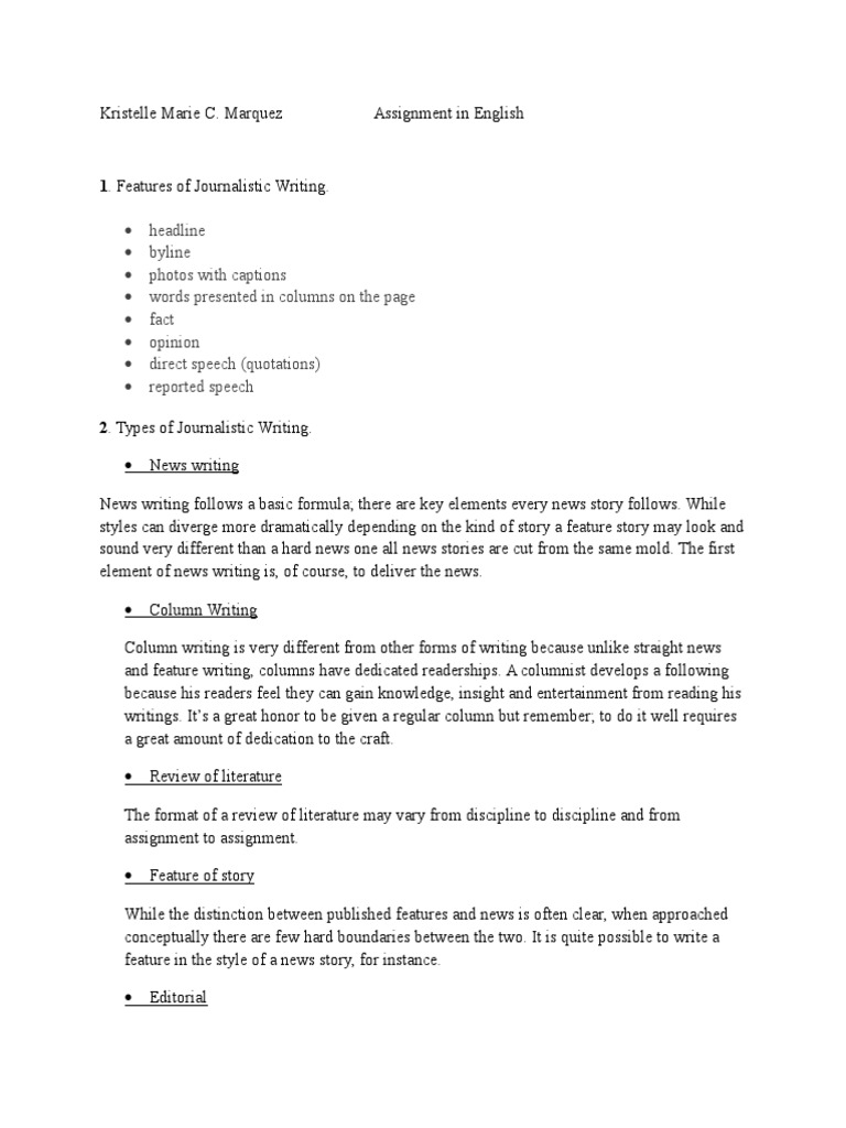 Features of Journalistic Writing | PDF