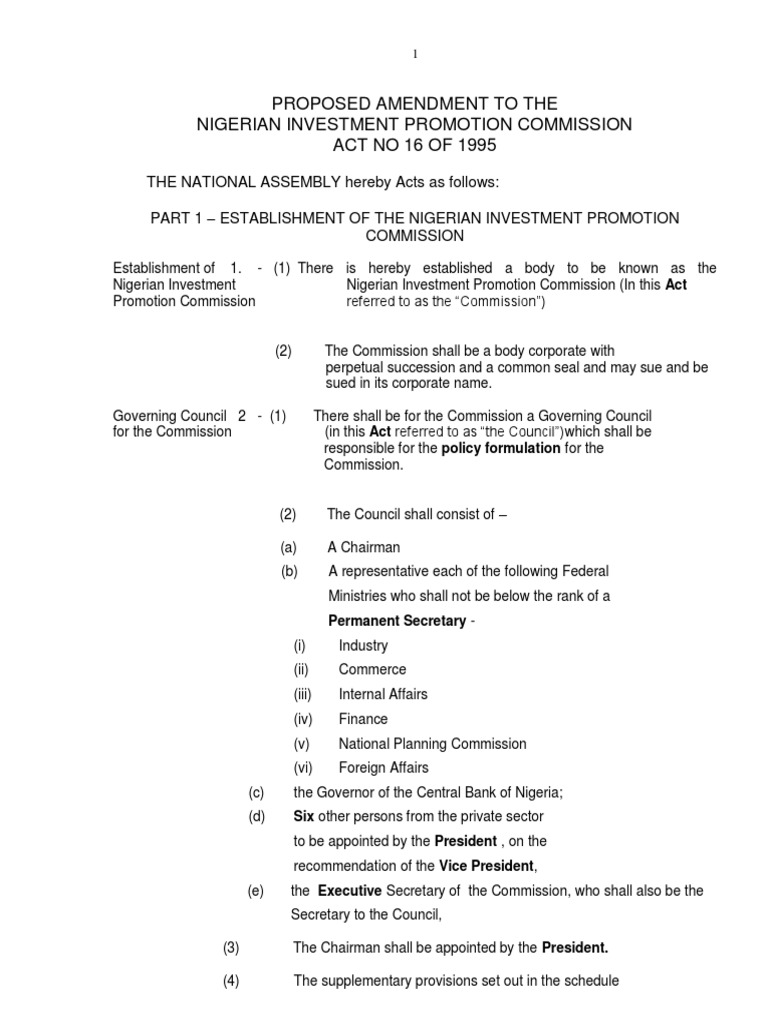 Proposed Amendment To The Nigerian Investment Promotion Commission ACT ...