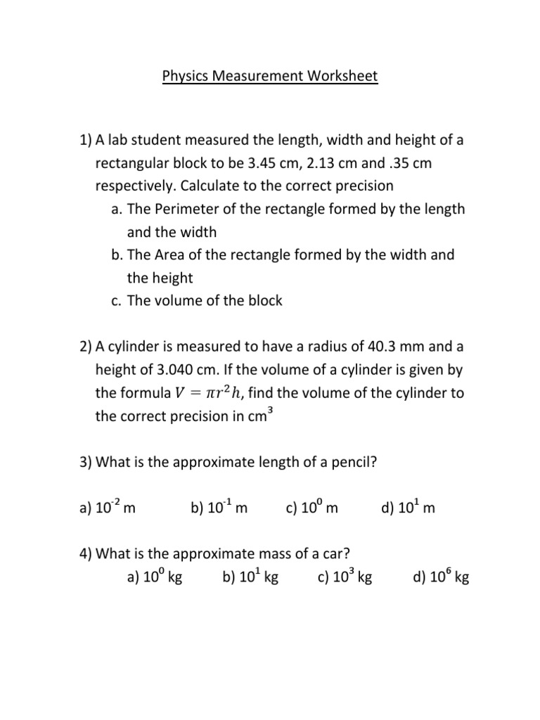 Physics Measurement Worksheet | PDF | Metre | Volume