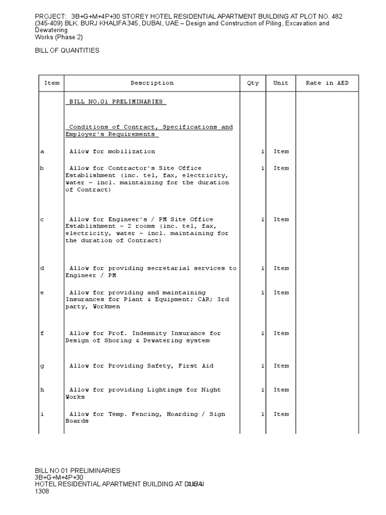 Bill of Quantities for Piling, Excavation and Dewatering Works for a 30 ...
