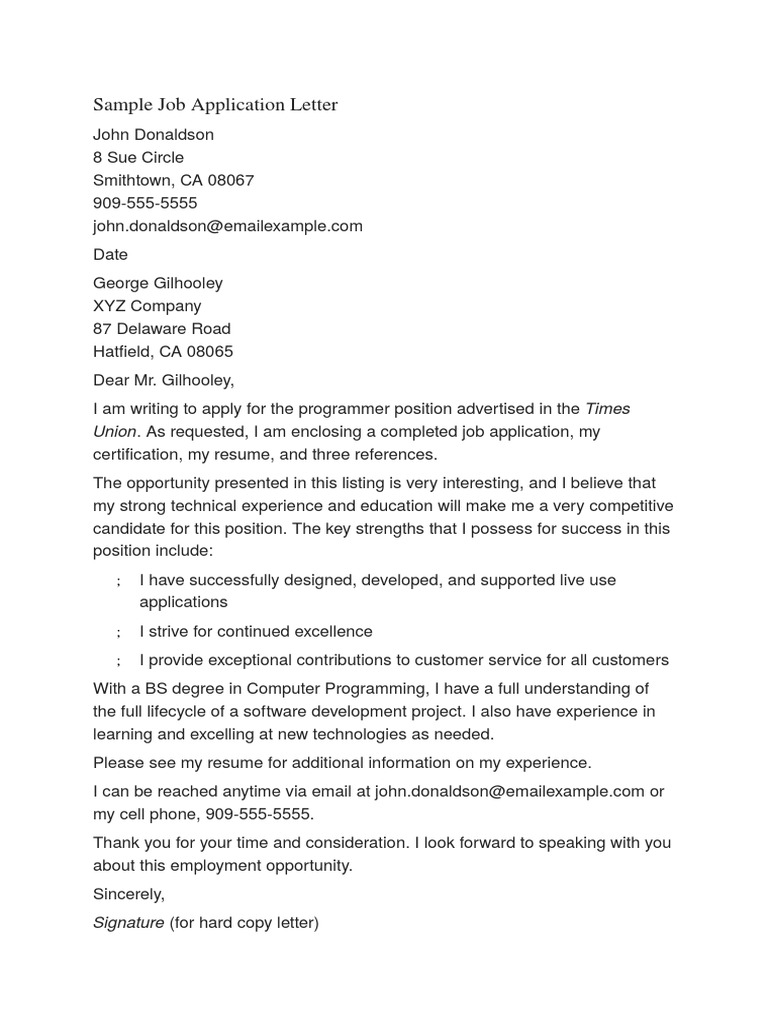 Sample Job Application Letter: Union. As Requested, I Am Enclosing A ...