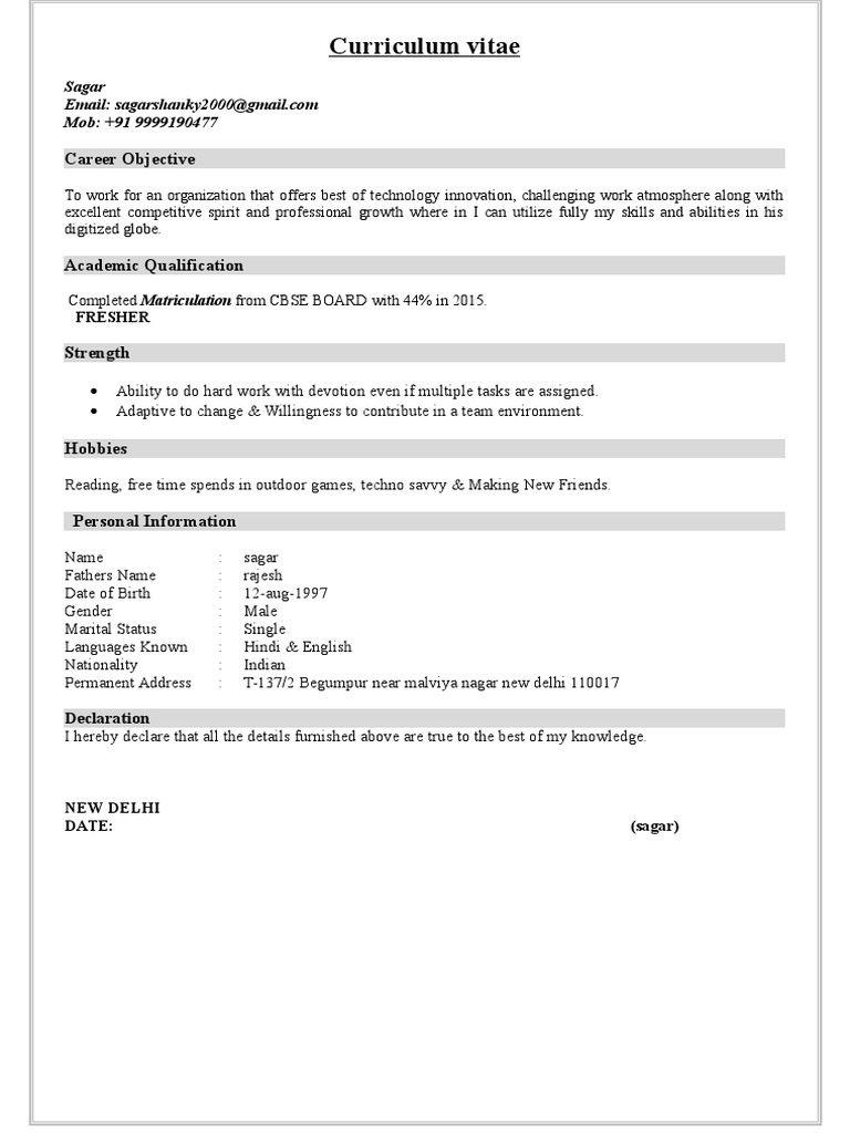 Curriculum Vitae: Career Objective | PDF