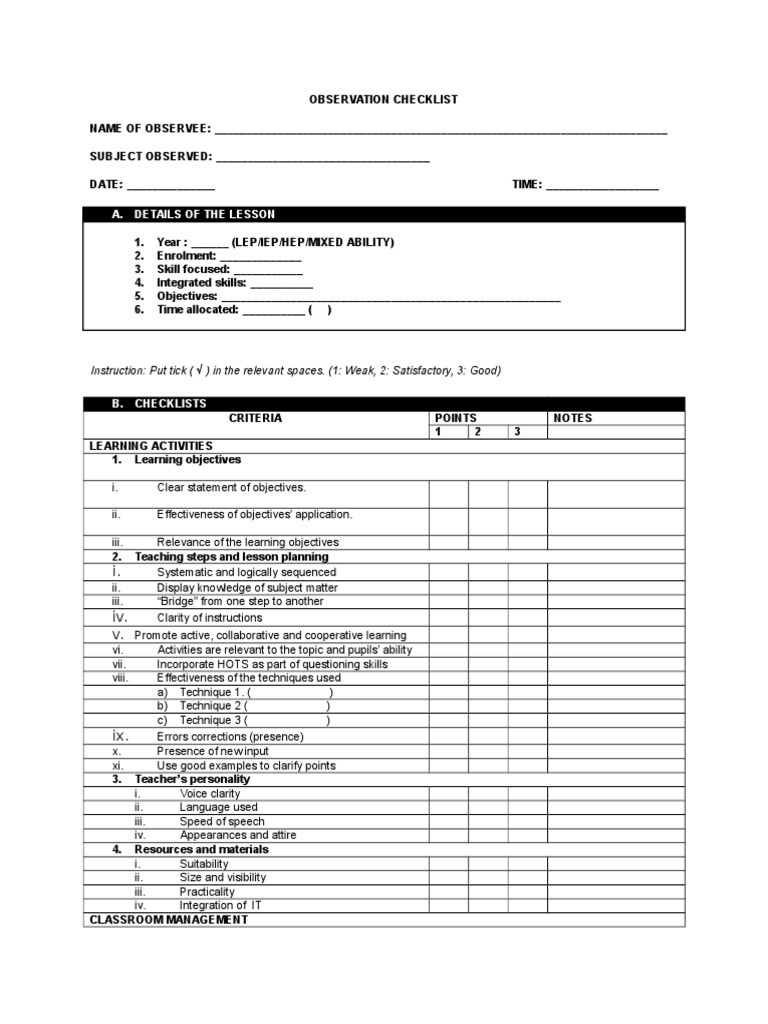 Observation Checklist | PDF