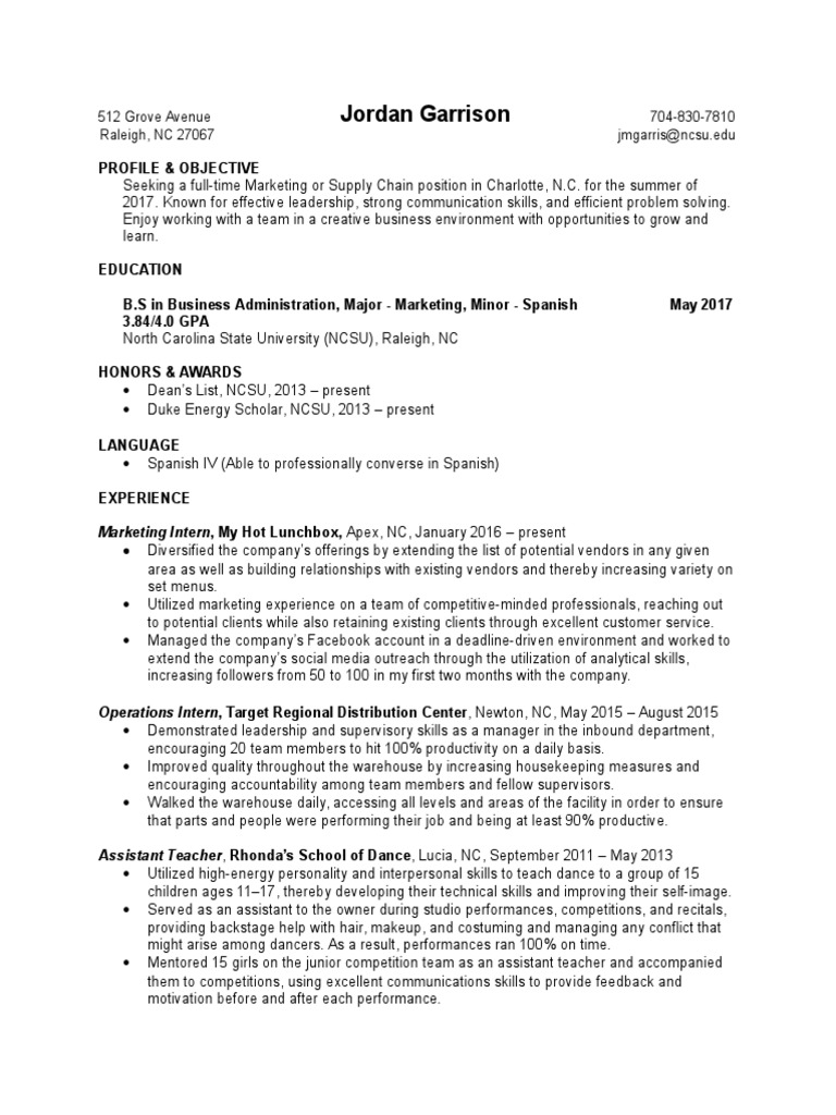 2016-17 Resume | PDF | North Carolina | Marketing