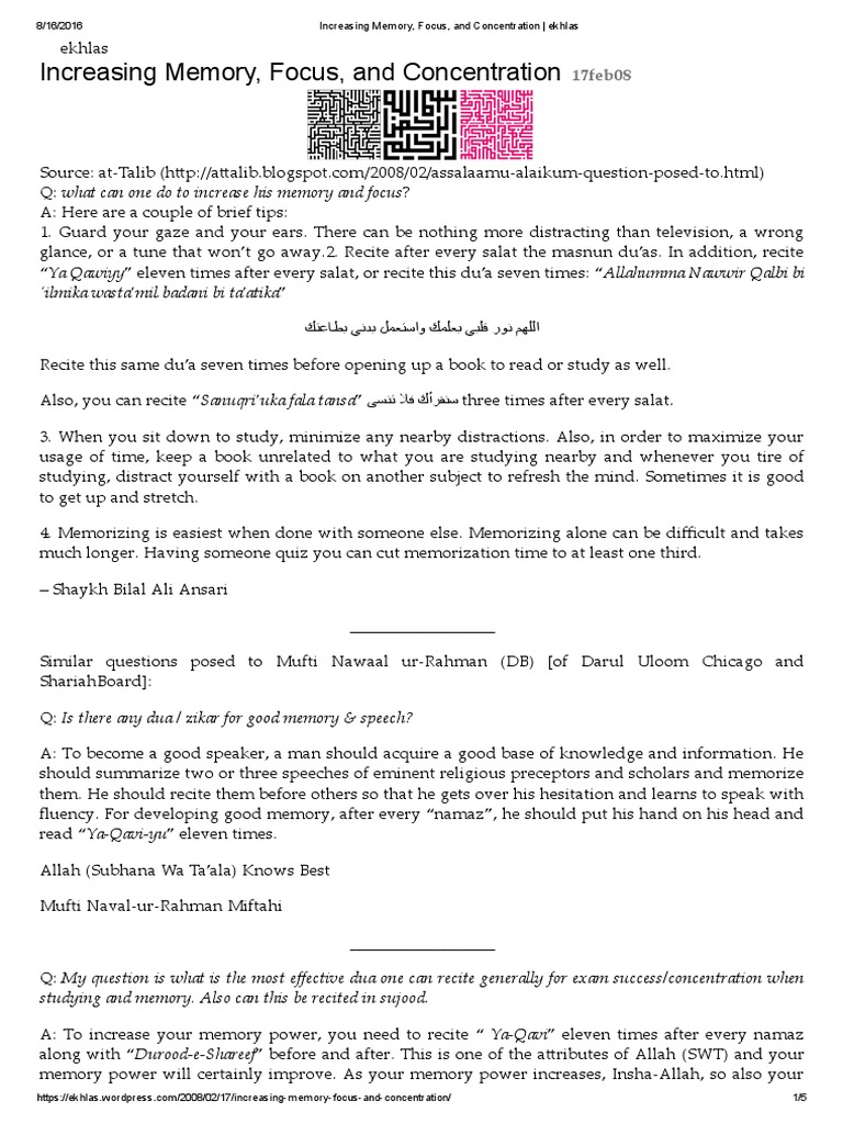 Increasing Memory, Focus, and Concentration - Ekhlas | PDF ...