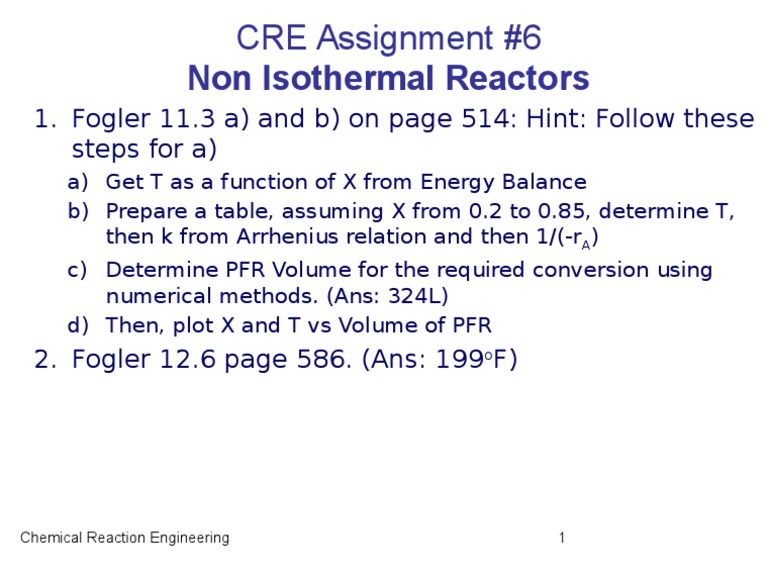 CRE Assignment 6 Non Isothermal Reactors | PDF
