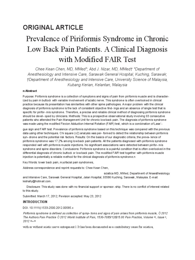 Prevelance of Piriformis Syndrome in Chronic Low Back Pain Patients. A ...
