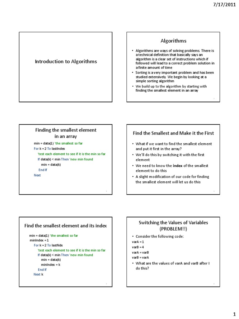 Algorithms Finding The Smallest Element In An Array Find The Smallest And Make It The First