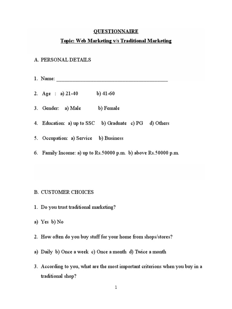 Questionnaire Topic: Web Marketing V/s Traditional Marketing | PDF ...
