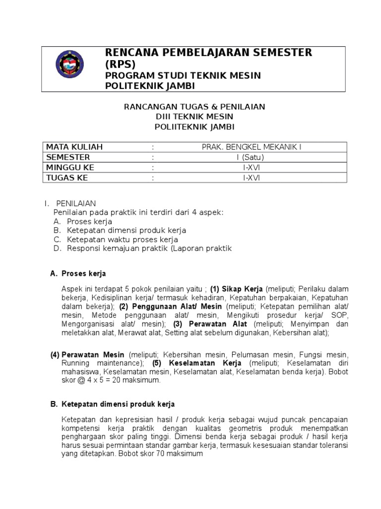 RPS Prak. Bengkel Mekanik I Teknik Mesin | PDF