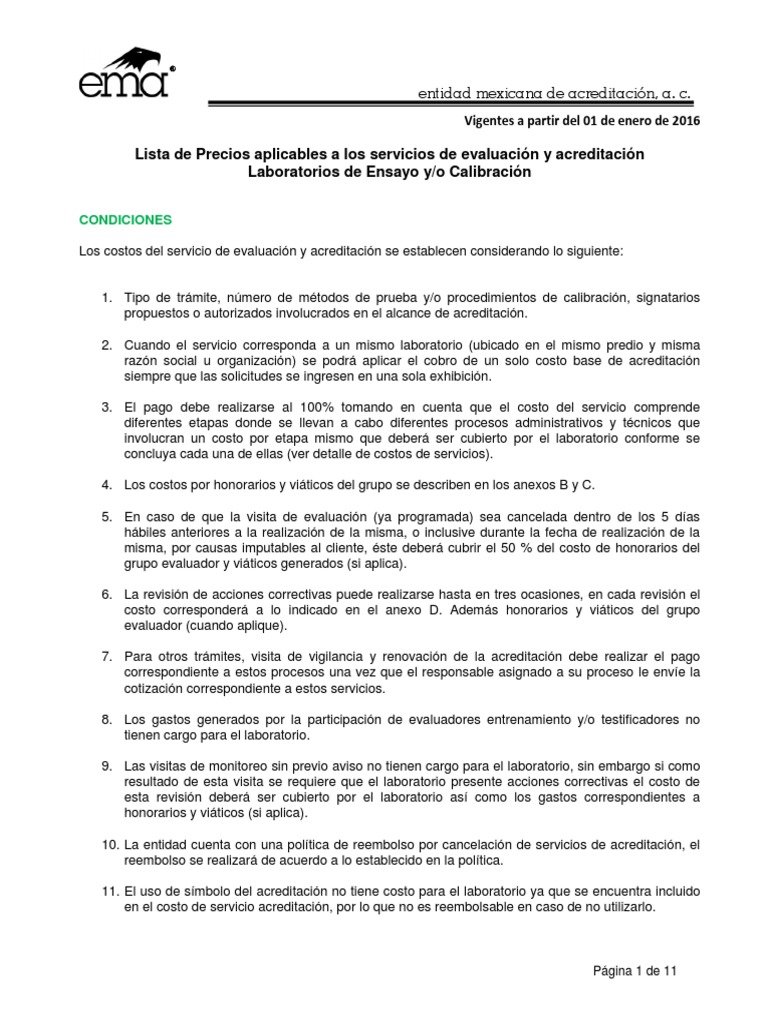 Tarifas Acreditacion EMA | PDF | México | Business