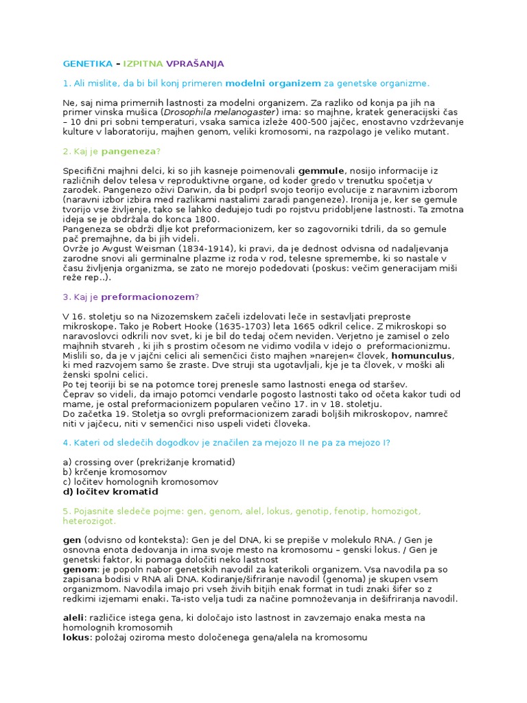Genetika Izpitna Vprašanja | PDF