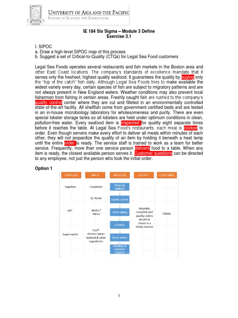 IE184-Six Sigma - Module 3 Define - Exercise W Answers | PDF | Seafood ...
