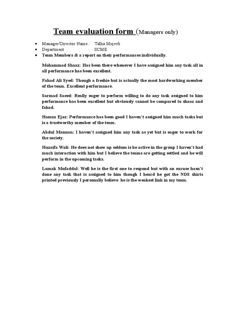 Team Evaluation Form (: Managers Only) | PDF