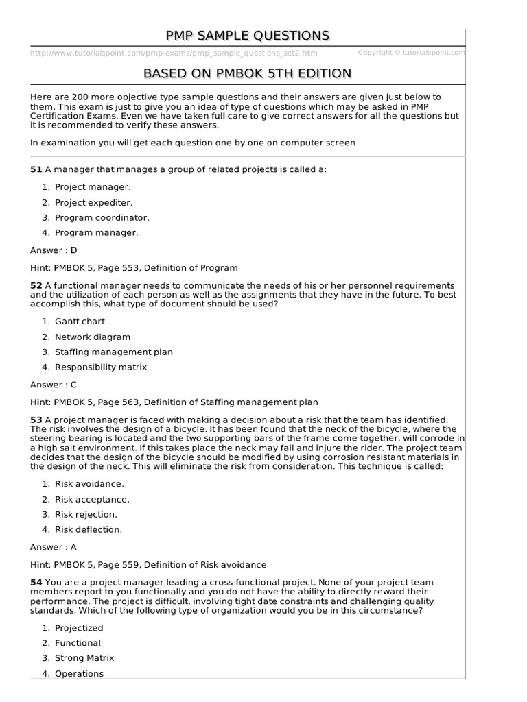 PMP Sample Questions Set2 | PDF | Project Management | Risk Management