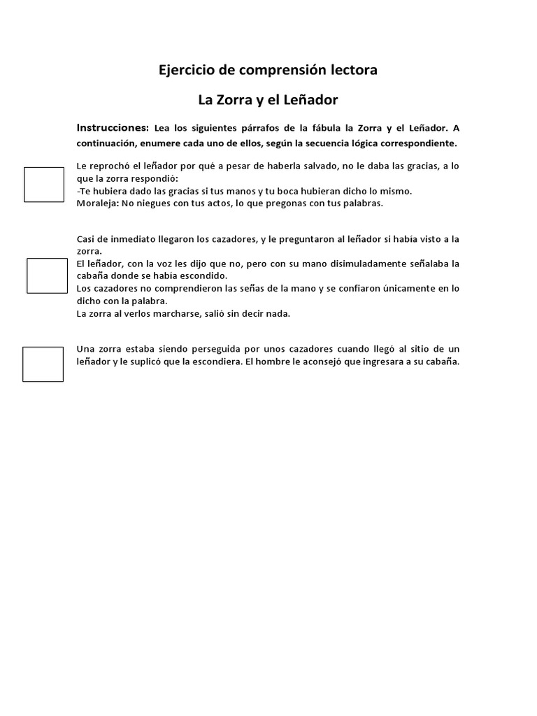 Ejercicio de Comprensión Lectora La Zorra y El Leñador | PDF