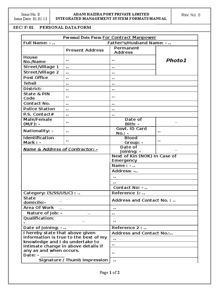 SEC-F-001 - Personal Data Form For Personnel Entry Permit | PDF