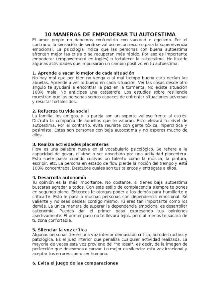 10 Maneras de Empoderar Tu Autoestima | PDF | Autoestima | Resiliencia ...