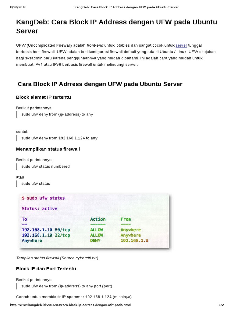Cara Block IP Address Dengan UFW Pada Ubuntu Server - KangDeb | PDF