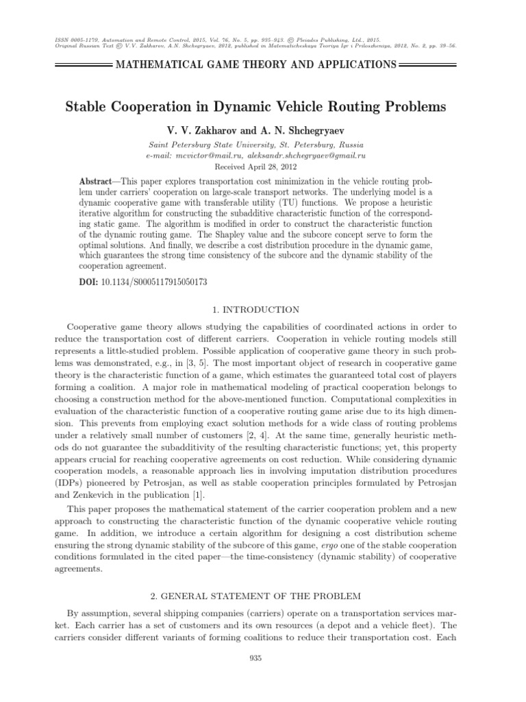 Stable Cooperation in Dynamic Vehicle Routing Problems: Mathematical ...
