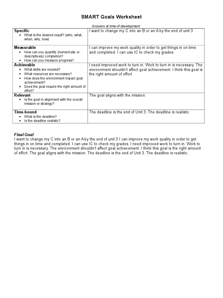 SMART Goals Worksheet: Specific | PDF