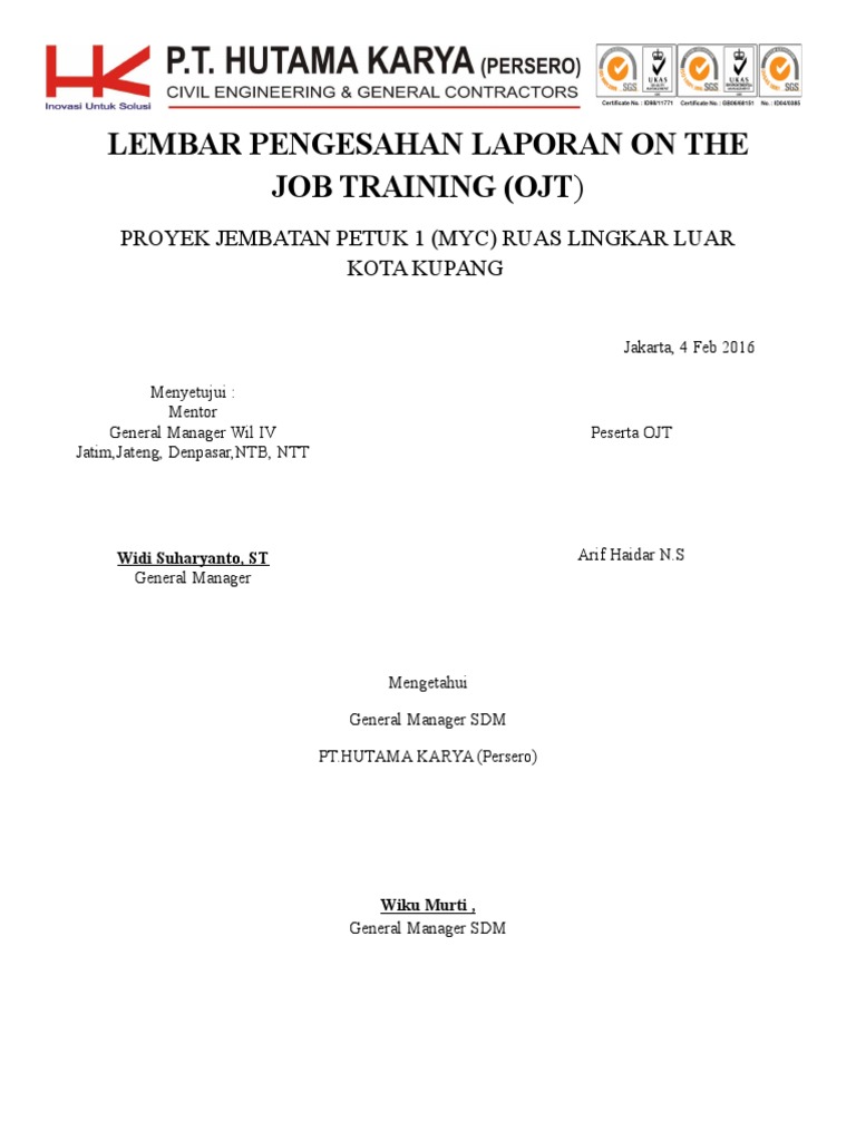Lembar Pengesahan Laporan On The Job Training | PDF