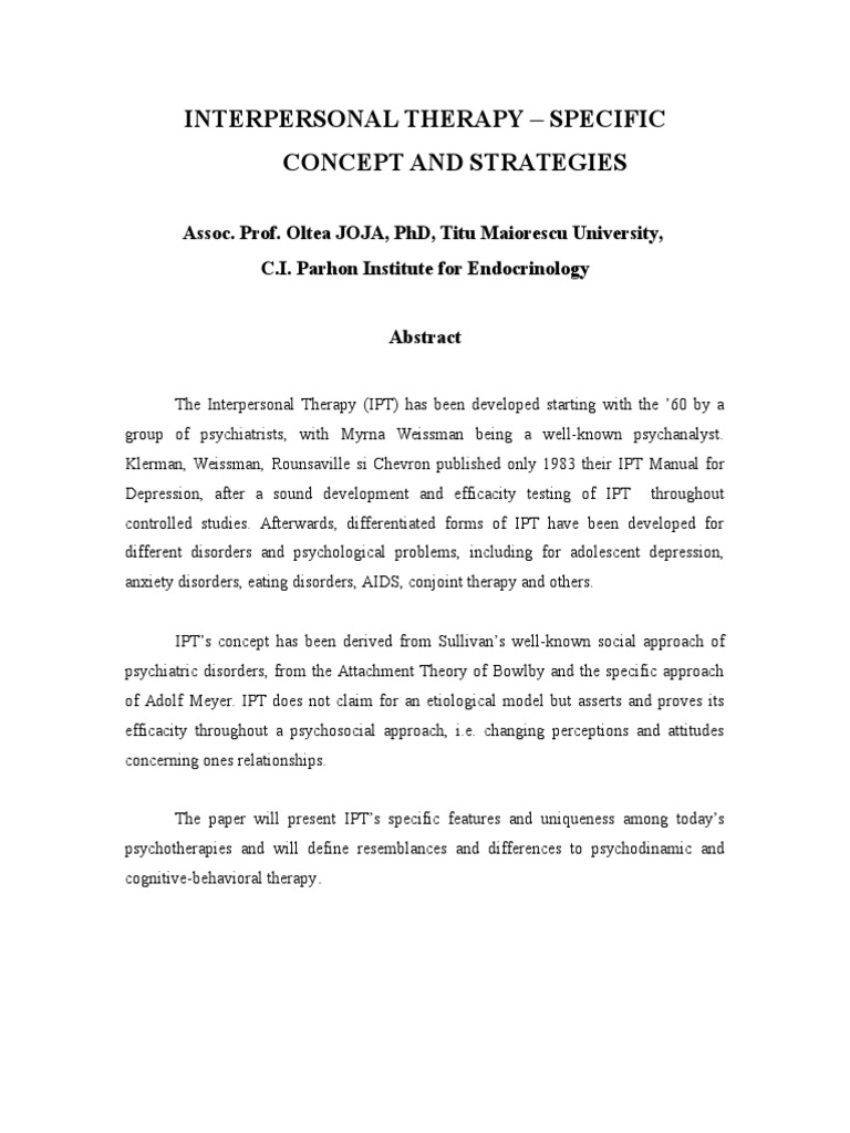 Interpersonal Therapy - Specific Concept and Strategies | PDF