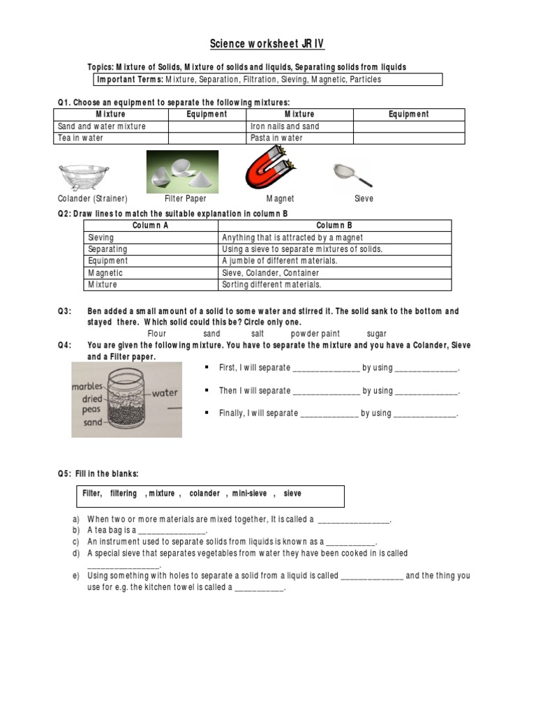 Separating Mixtures Worksheet for Kids | PDF
