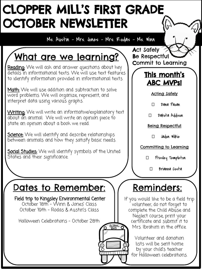 1st Grade October Newsletter | PDF