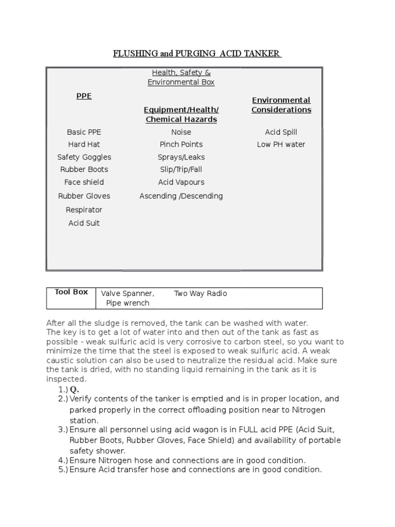 Flushing and Purging Acid Tanker: PPE Equipment/Health/ Chemical ...