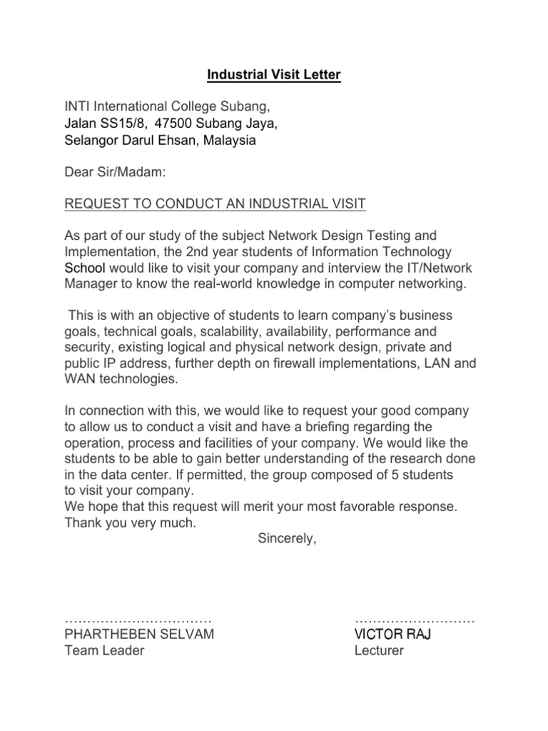 Industrial Visit Letter | PDF