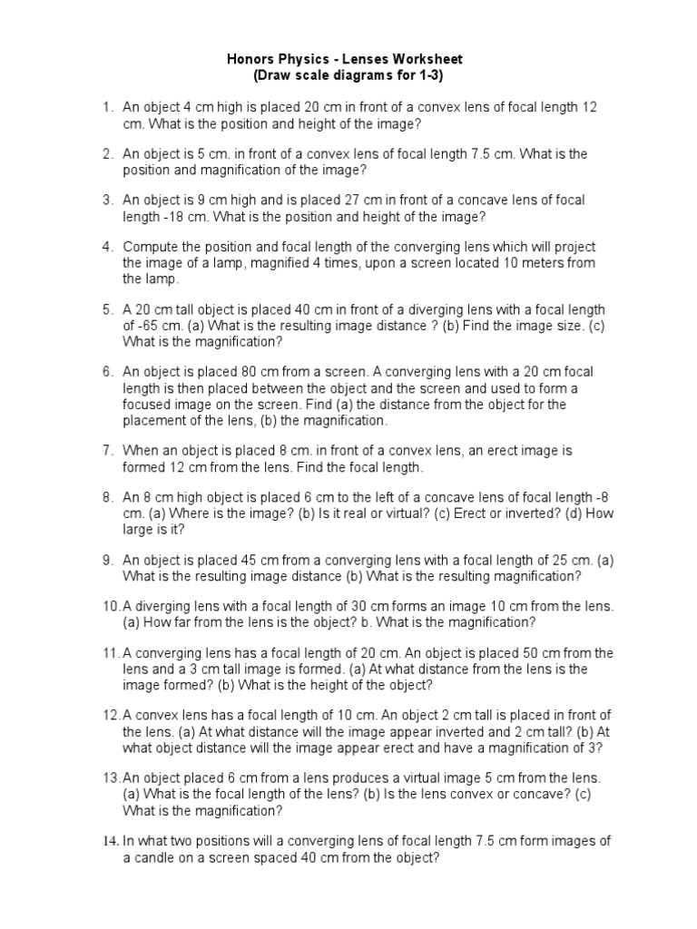 Lens Problems Worksheet | PDF