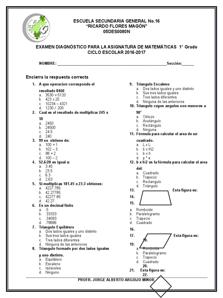 Examen De Diagnostico Matematicas 1 Triángulo Geometría