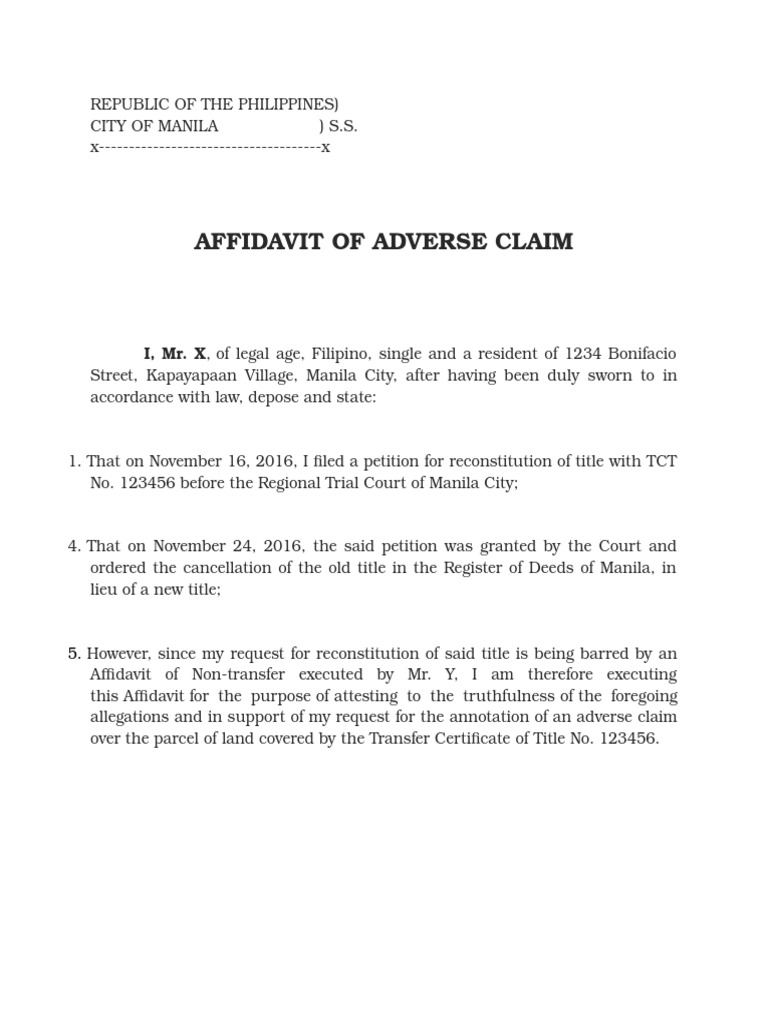 Adverse Claim Template | PDF | Affidavit | Metro Manila