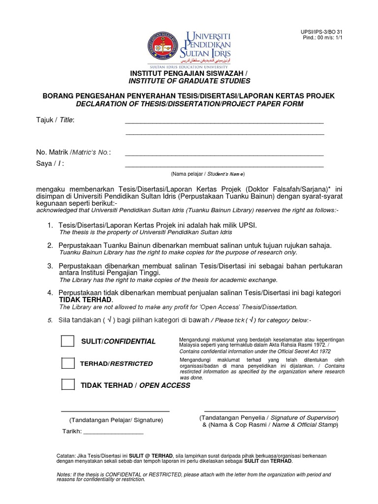 Declaration of Thesis - Dissertation.project Paper Form | PDF