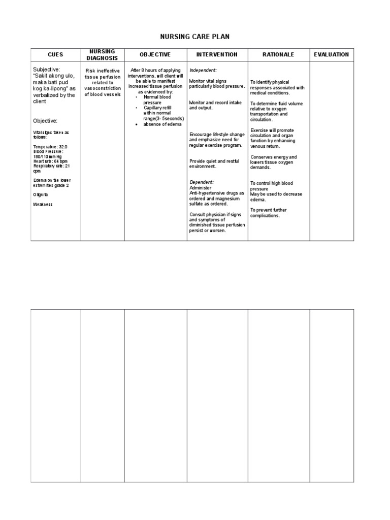 NURSING CARE PLAN - Risk For Ineffective Tissue Perfusion | PDF