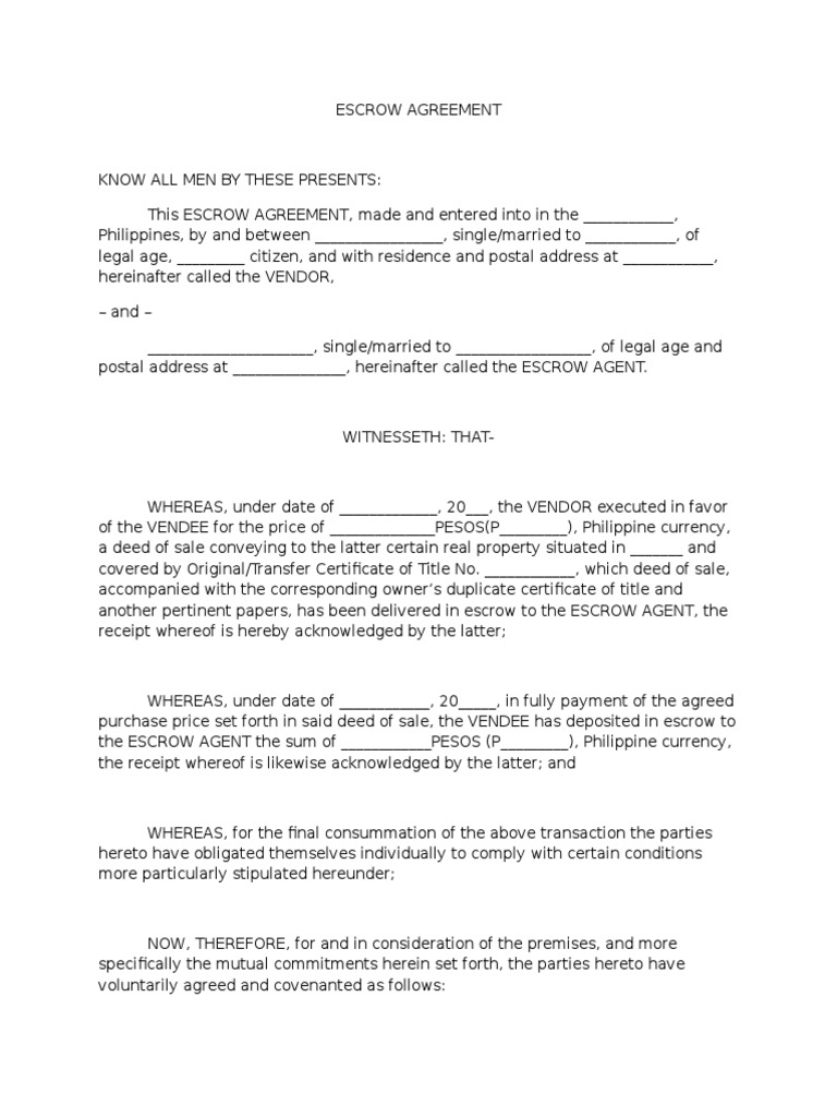 Escrow Agreement | PDF | Deed | Civil Law (Common Law)