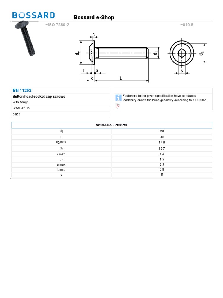 Bossard E-Shop: Button Head Socket Cap Screws | PDF