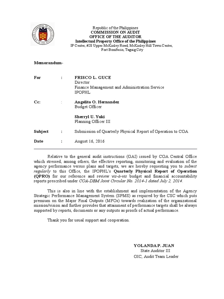 Memorandum-: Commission On Audit Office of The Auditor Intellectual ...