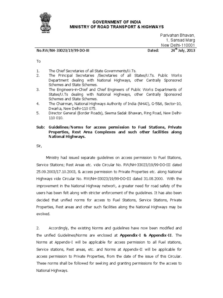Guidelines for Fuel Stations & Private Properties on National Highways ...