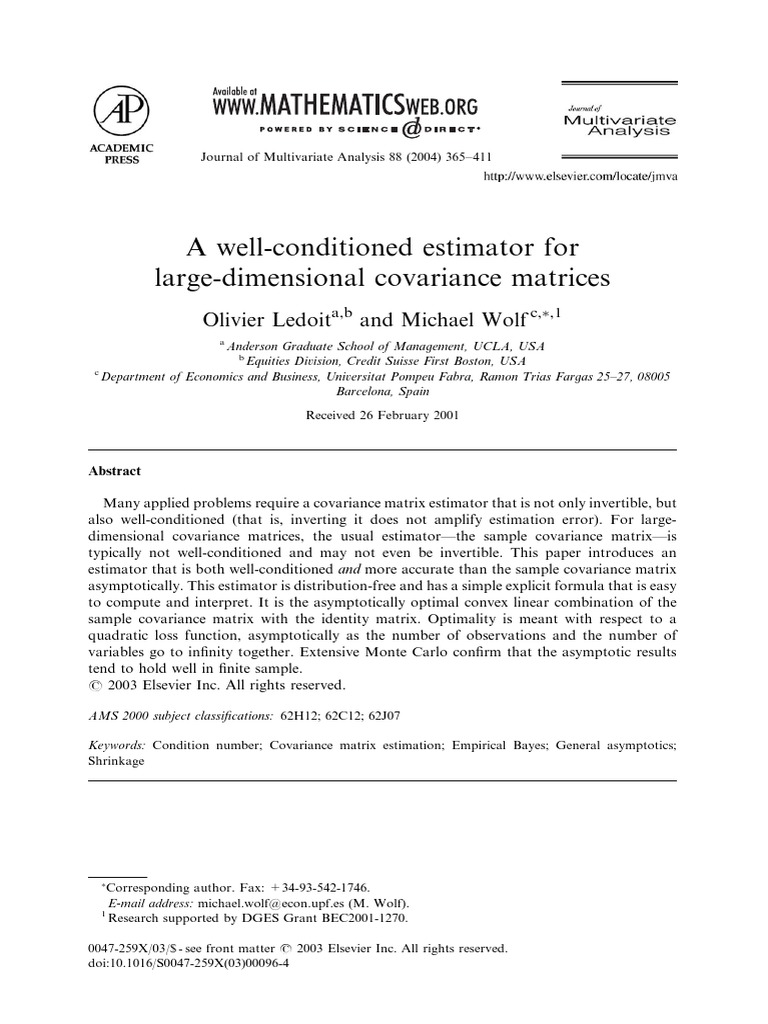 A Well-Conditioned Estimator For Large-Dimensional Covariance Matrices | PDF | Covariance ...