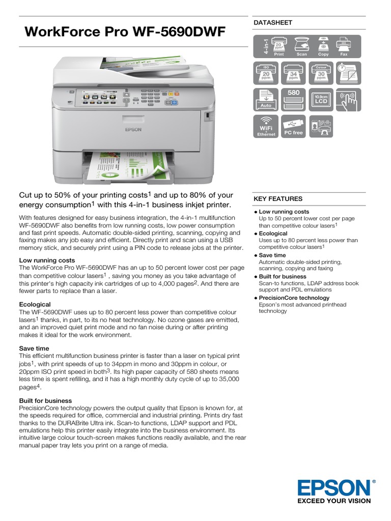 Epson WorkForce Pro WF-5690DWF All-in-One Business Inkjet Printer Datasheet | PDF | Printer ...