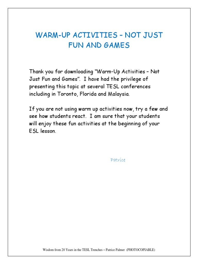 Top 20 Warm-Up Activities For The ESL Classroom | PDF | Classroom ...
