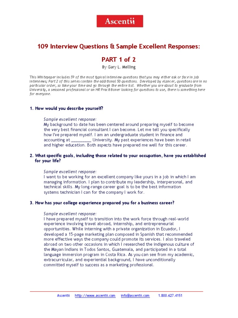 109 Interview Questions and Answers | PDF | Internship | Job Hunting