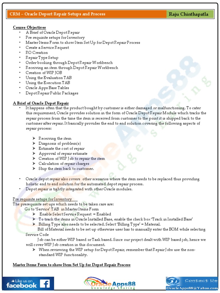 Crm Oracle Deport Repair Setups And Process Pdf Customer