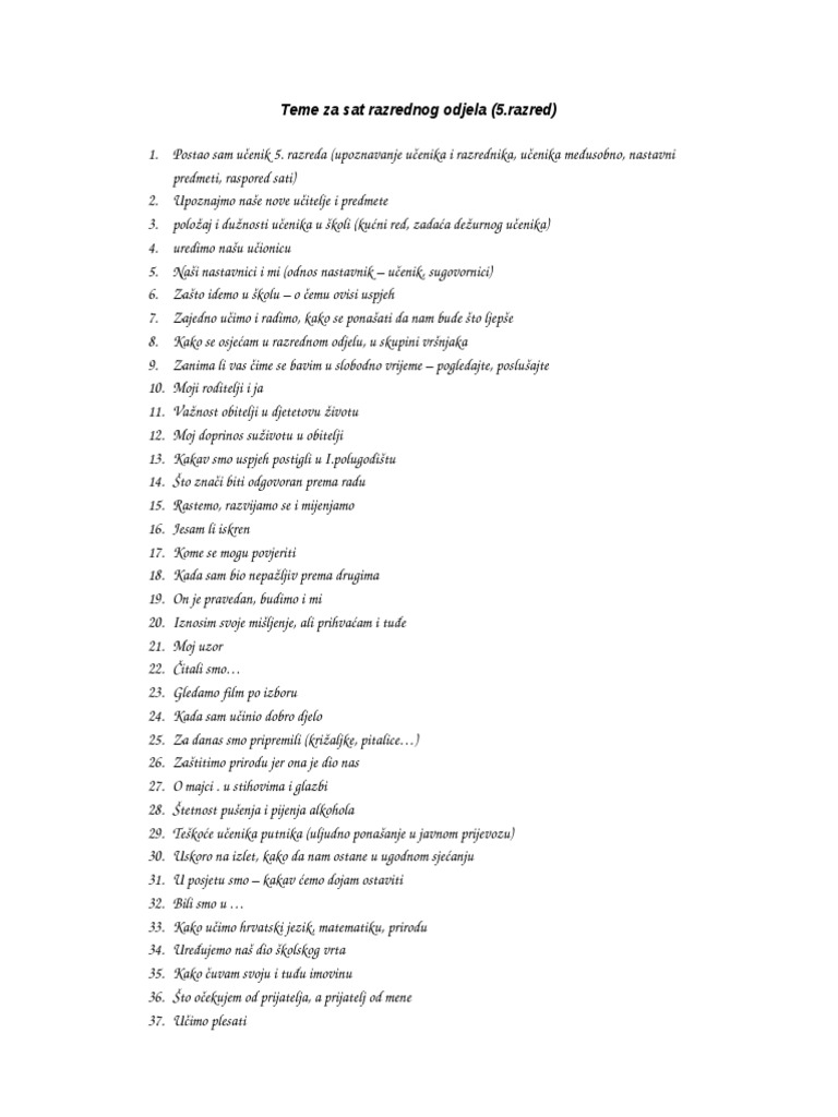 Teme Za Sat Razrednog Odjela